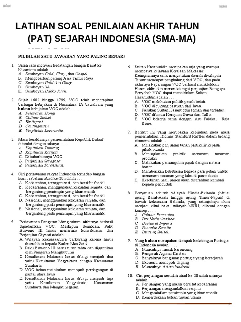 Soal PAT Sej Indo XI | PDF
