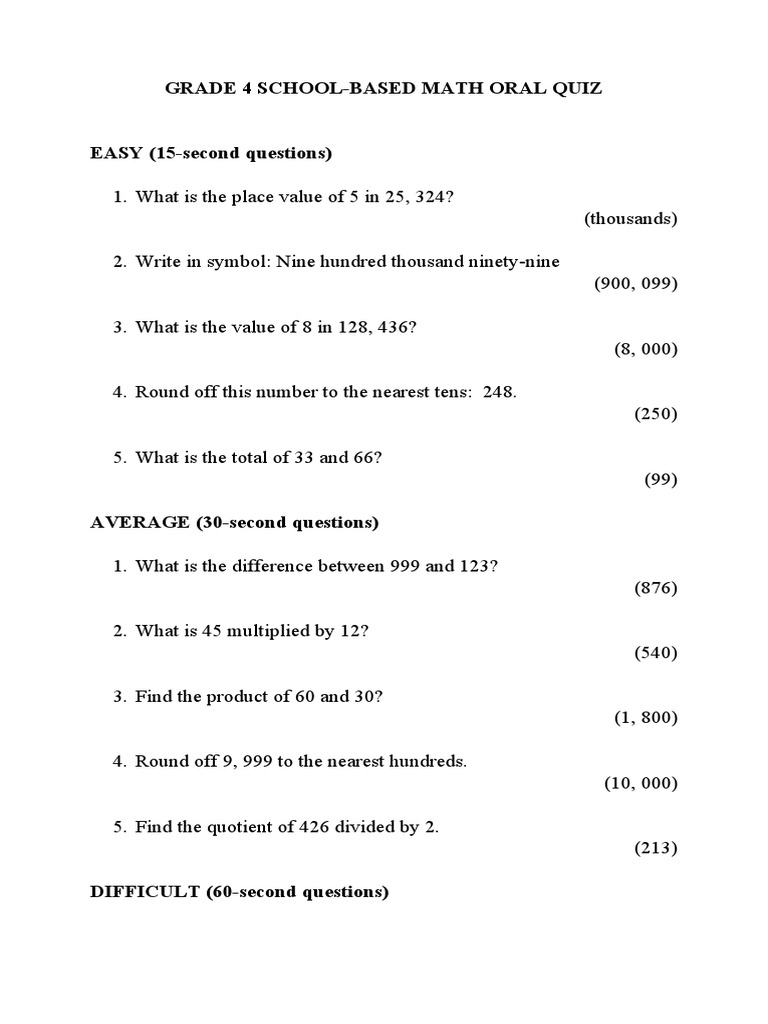 Grade 4 Math Quiz Orals | PDF | Mathematics