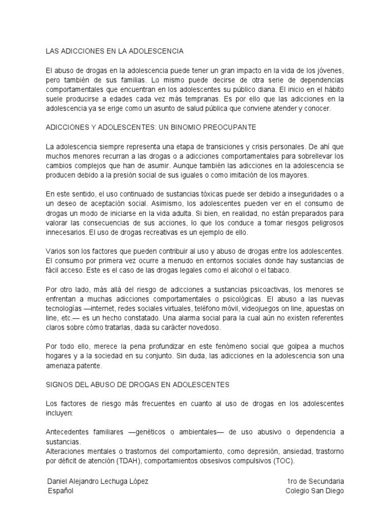 Las Adicciones en La Adolescencia | PDF | La dependencia de sustancias | Adolescencia