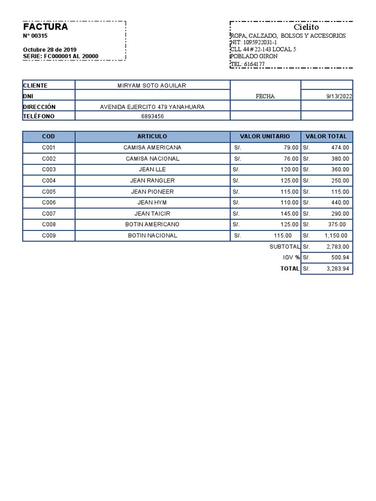 Factura de venta de ropa, calzado y accesorios de la tienda Cielito | PDF