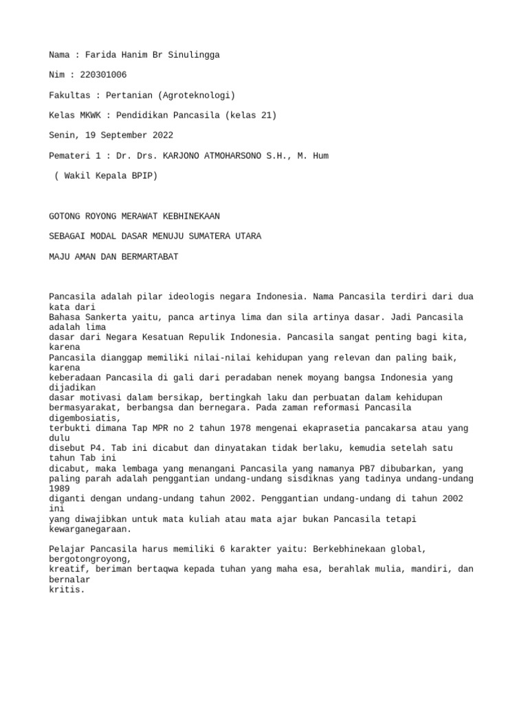 Farida Hanim 22-006 (Pancasila 21) Resume MKWK | PDF