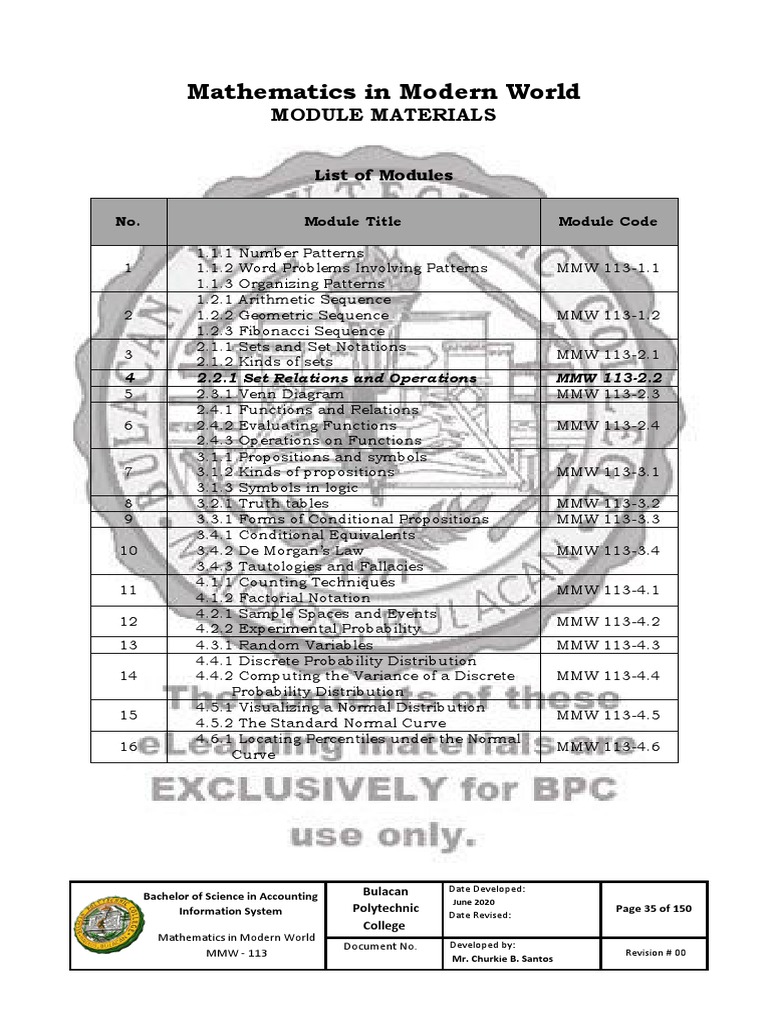 Lesson 4 MMW | PDF | Set (Mathematics) | Normal Distribution