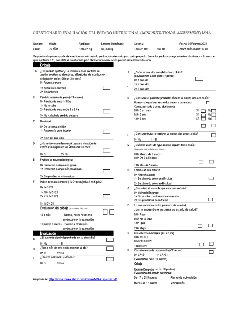 Cuestionario Evaluación Del Estado Nutricional (Mini Nutritional ...