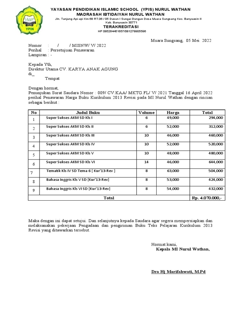 Surat Persetujuan Penawaran Mi Nurul Wathan (BOS) | PDF Surat Persetujuan Penawaran Mi Nurul Wathan (BOS) | PDF