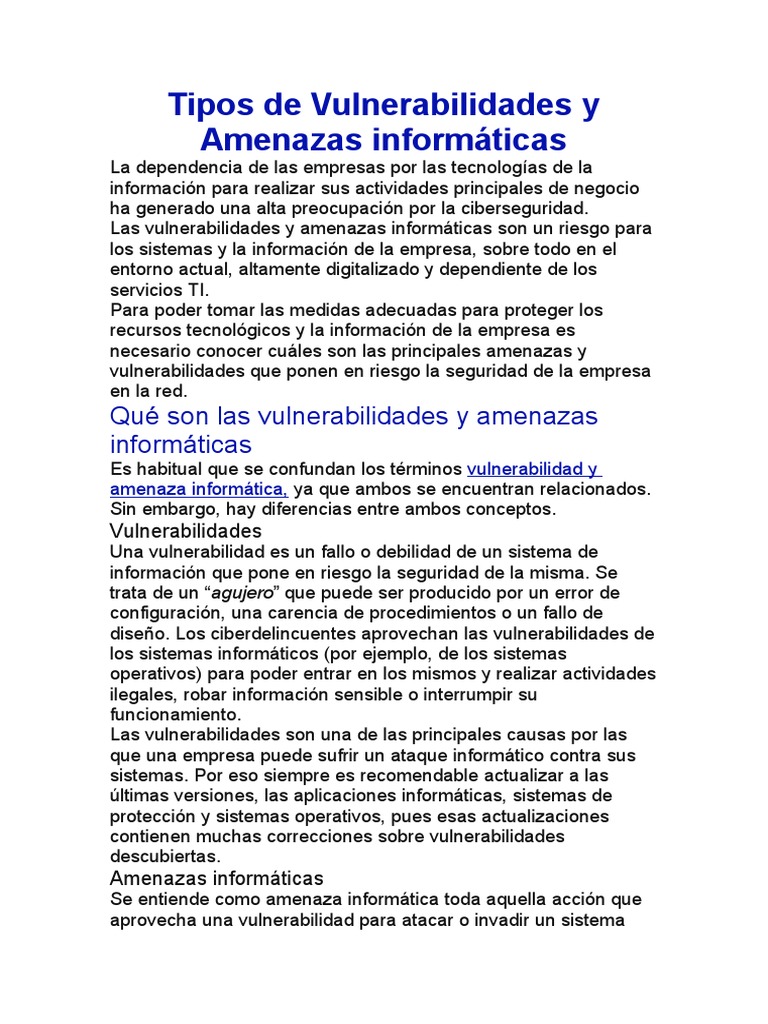 Tipos de Vulnerabilidades y Amenazas Informáticas | PDF | Seguridad ...