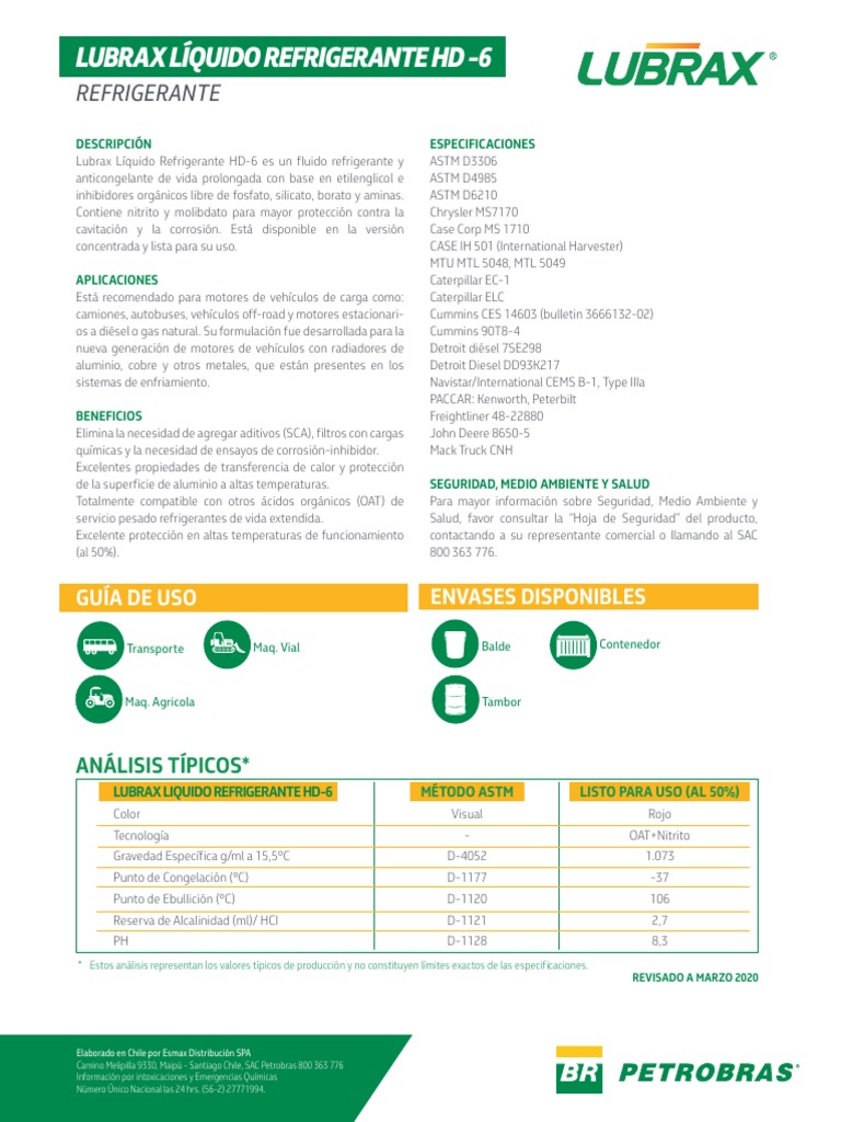 OR Ficha LUBRAX LIQUIDO REFRIGERANTE HD 6 - 2020 | PDF | Química ...