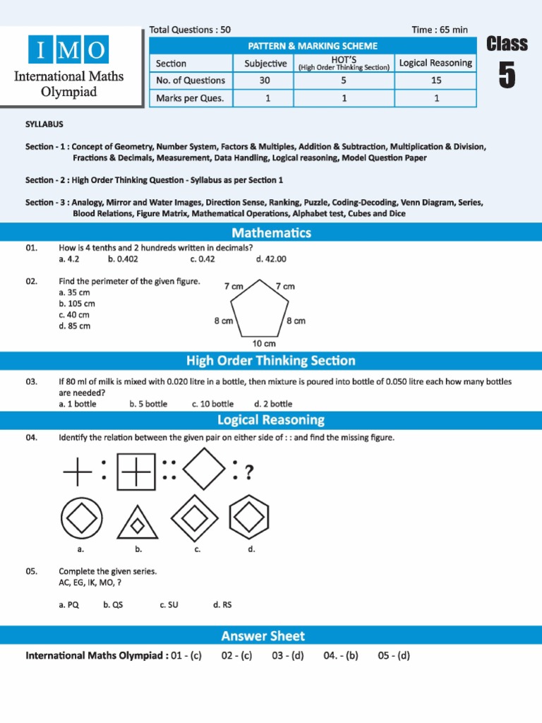 IMO Class 5 Sample Paper | PDF