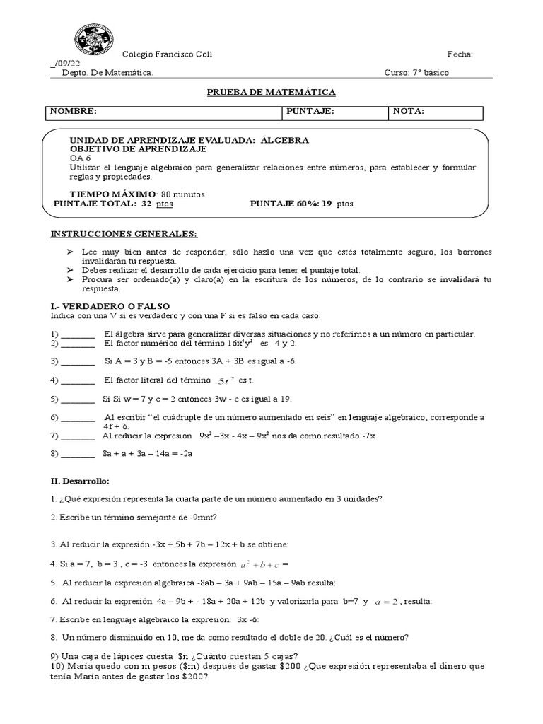 Análisis de una prueba de álgebra de 7° básico | PDF | Matemáticas
