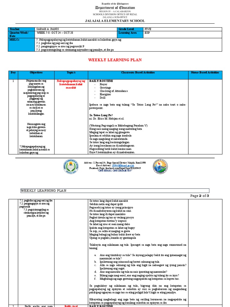 Weekly Learning Plan Esp Oct17 Oct21 | PDF