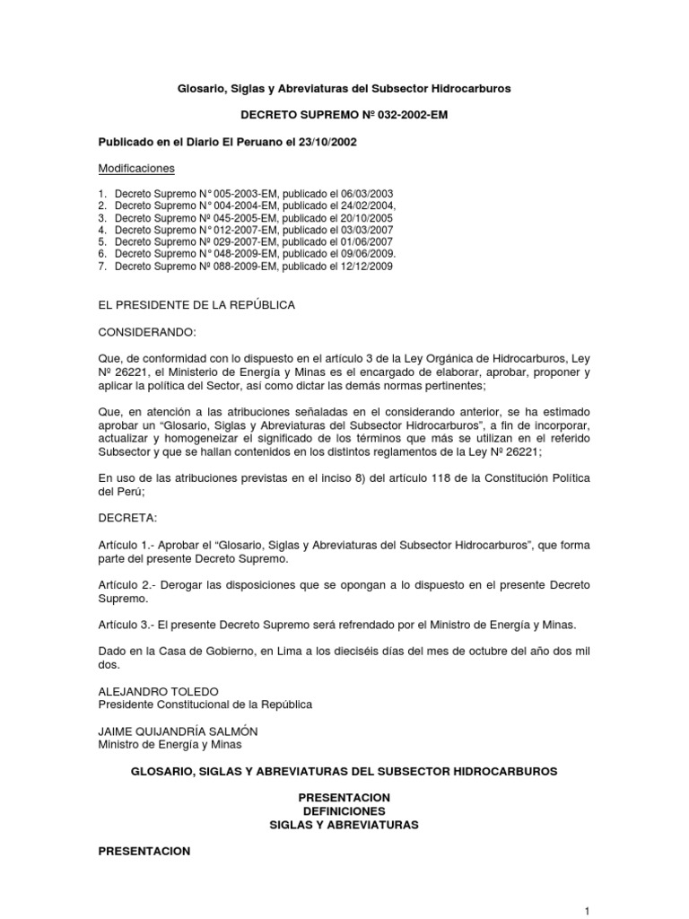 DS 032 2002 EM Concord Ado Glosario Hidrocarburos | PDF | Hidrocarburos | Transporte