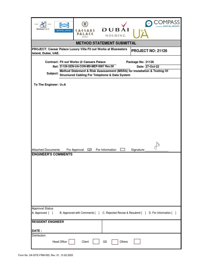 Method Statement & Risk Assessment Installation of Structured Cabling System | PDF | Safety ...