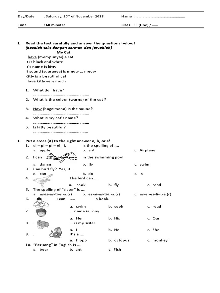 English Mid Test Term 1 Grade 1 | PDF