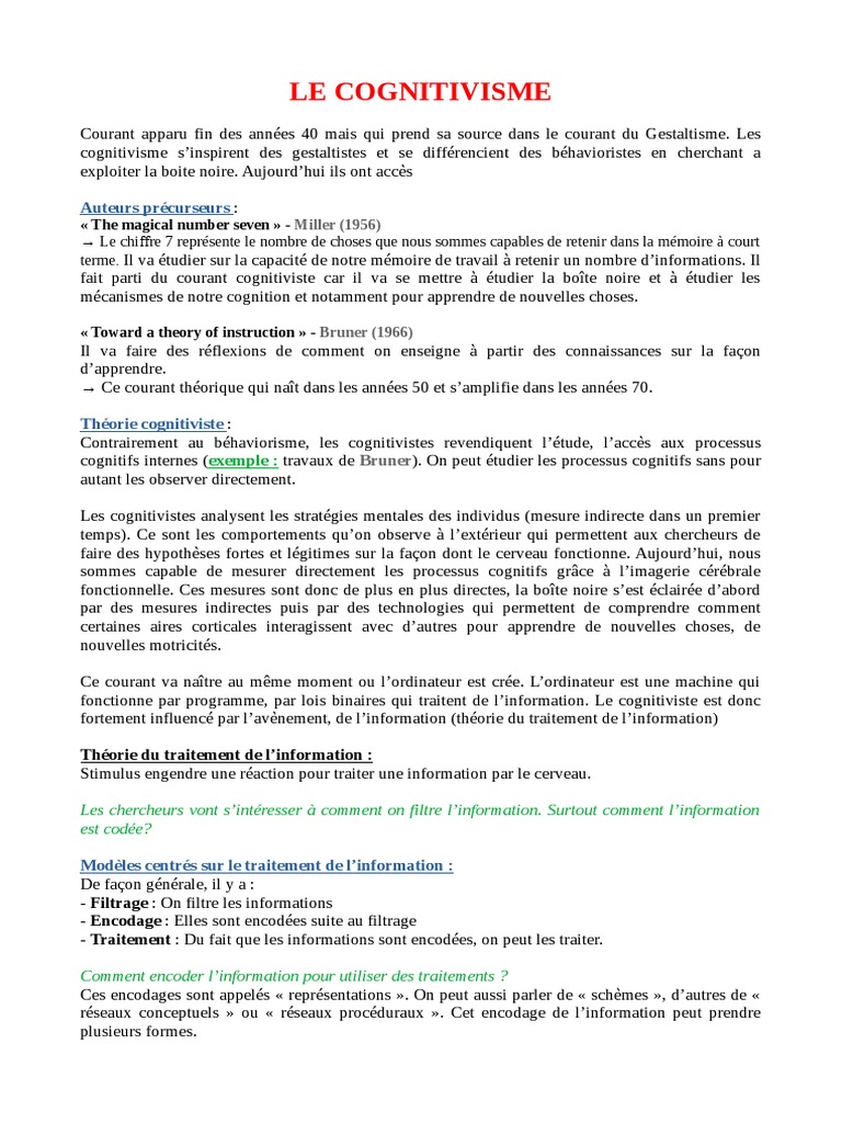 CM3 - Cognitivisme + Constructivisme | PDF | Mémoire | Mémoire de travail