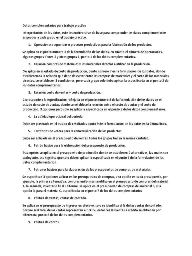 Datos Complementarios para Trabajo Practico 02-2022 | PDF | Presupuesto ...