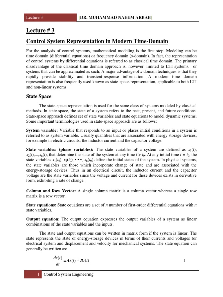Modeling Dynamic Systems Using State Space Representation Pdf Applied Mathematics