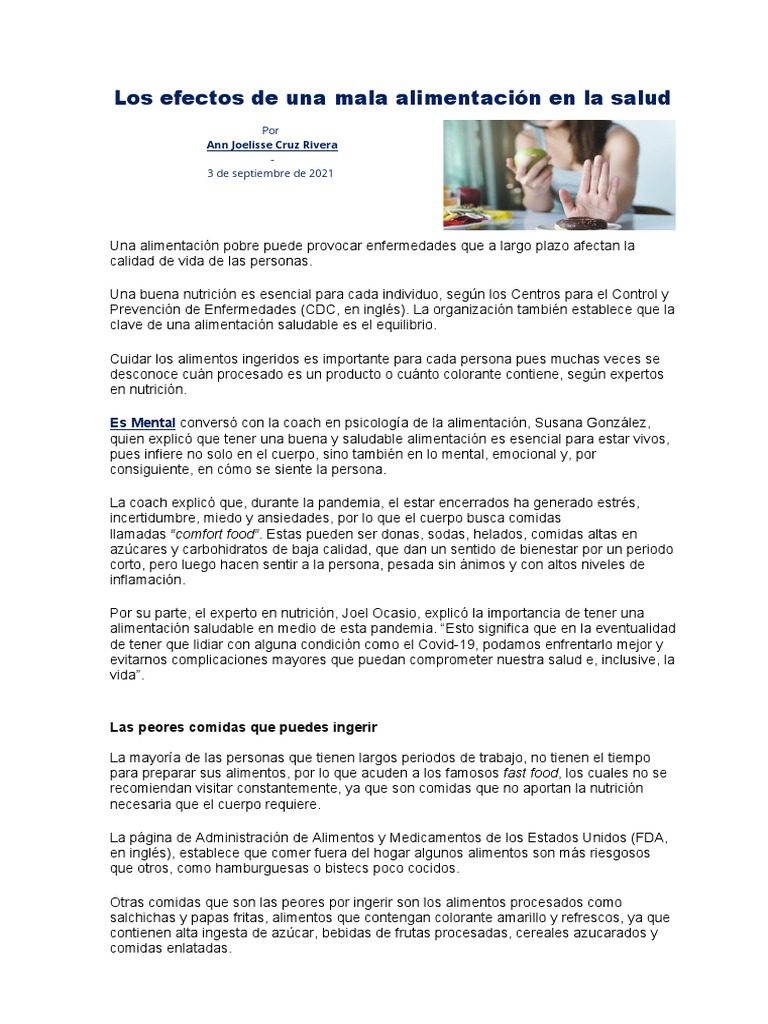 TEXTO 2. Los Efectos de Una Mala Alimentación en La Salud | PDF | Alimentos | Nutrición