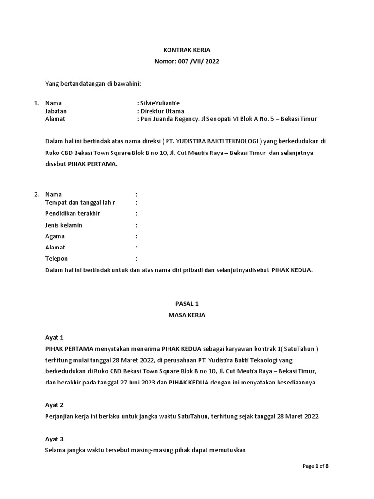 Format Kontrak Kerja | PDF | Pengelolaan Keuangan & Uang