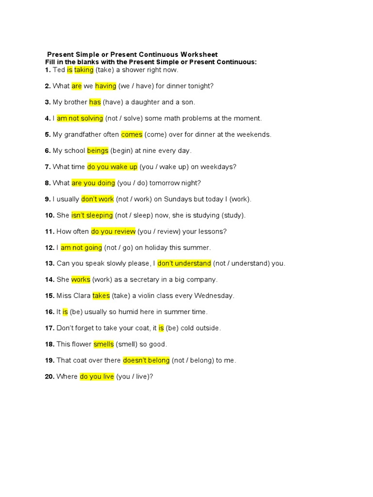Present Simple vs Continuous Worksheet | PDF | Language Arts & Discipline