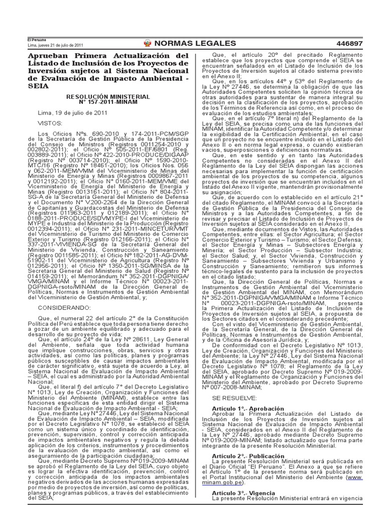 Actualización Proyectos SEIA Perú 2011 | PDF | Evaluación de impacto ...