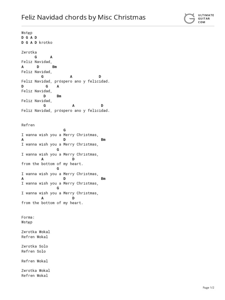 Feliz Navidad Chords by Misc Christmastabs at Ultimate Guitar Archive | PDF