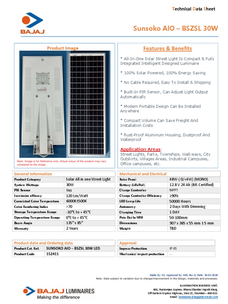 30W SOLAR BSZSL-TDS of AIOSL-LiFePo4-FL1 | PDF | Street Light | Lighting
