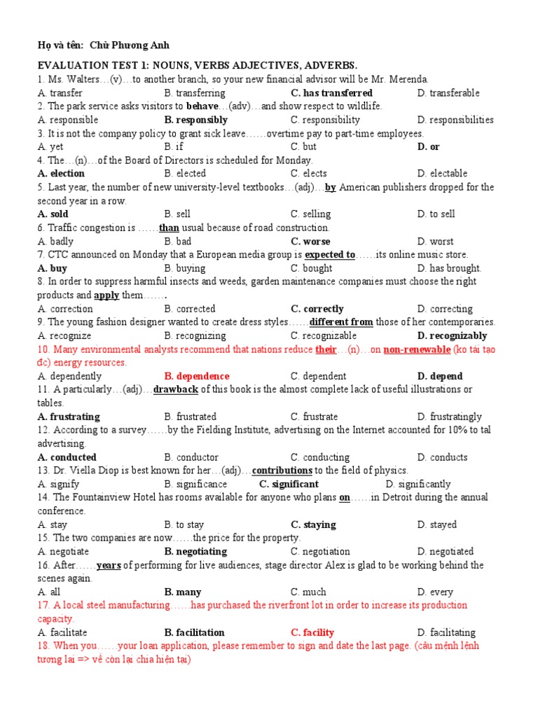 Evaluation Test 1 Nouns Verbs Adjectives Test | PDF