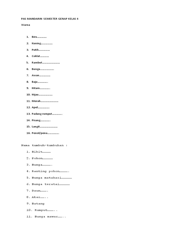 Pas Mandarin Semester Genap Kelas 4 | PDF