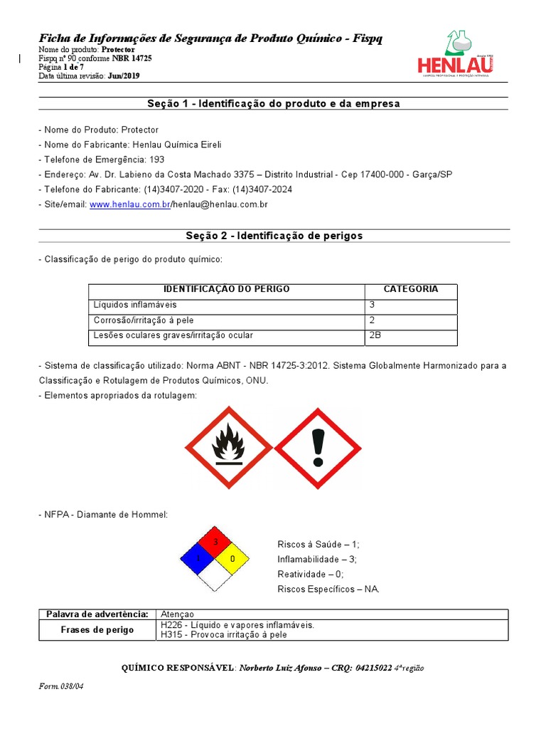 FISPQ do Produto Protector da Henlau | PDF | Natureza | Ciências Físicas
