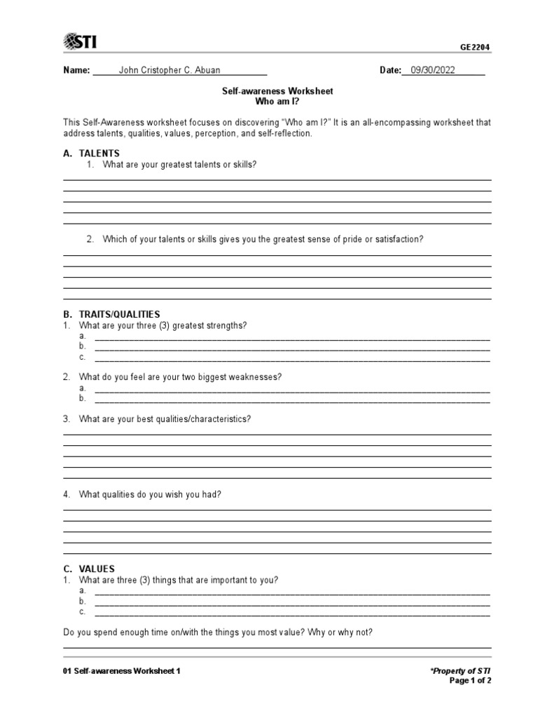 01 Self-Awareness Worksheet 1 | PDF | Self Awareness | Psychology