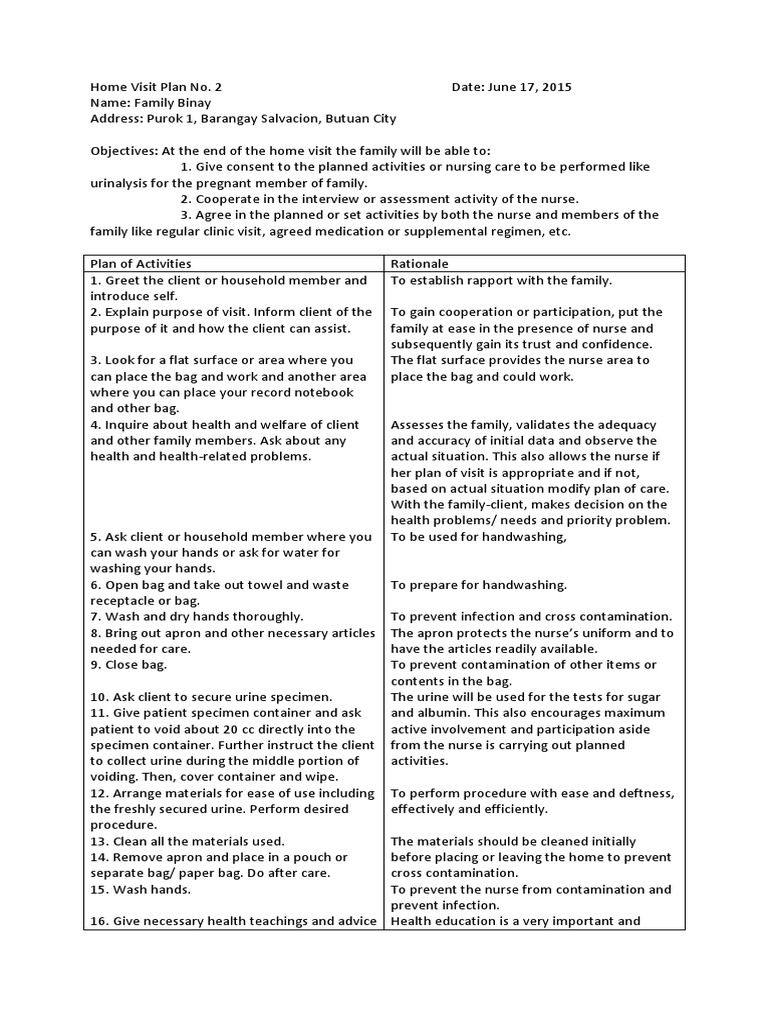 Sample Home Visit Plan | PDF | Hand Washing | Clinical Medicine