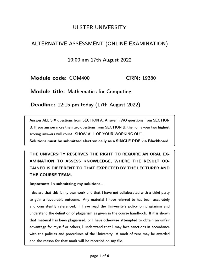 Online Examination for Mathematics for Computing Module Assesses Students' Knowledge of Sets ...