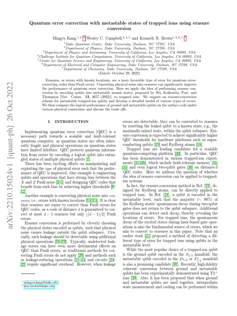 Quantum Error Correction With Metastable States of Trapped Ions Using ...