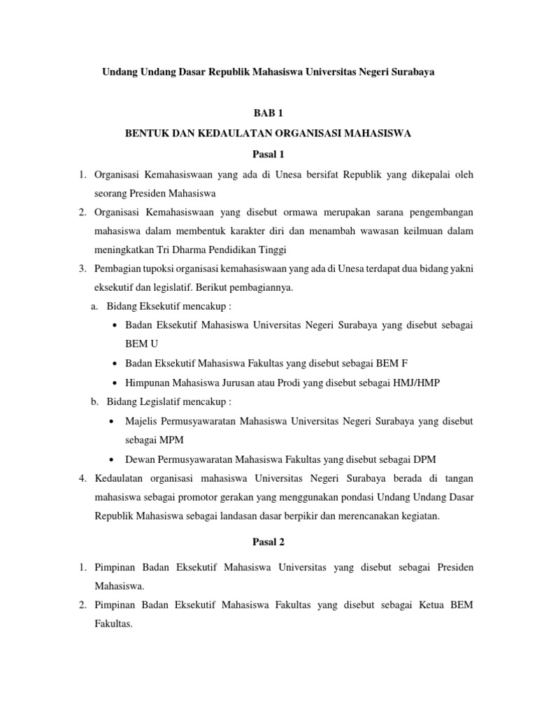 Undang-Undang Dasar Mahasiswa Unesa | PDF | Karier & Perkembangan ...