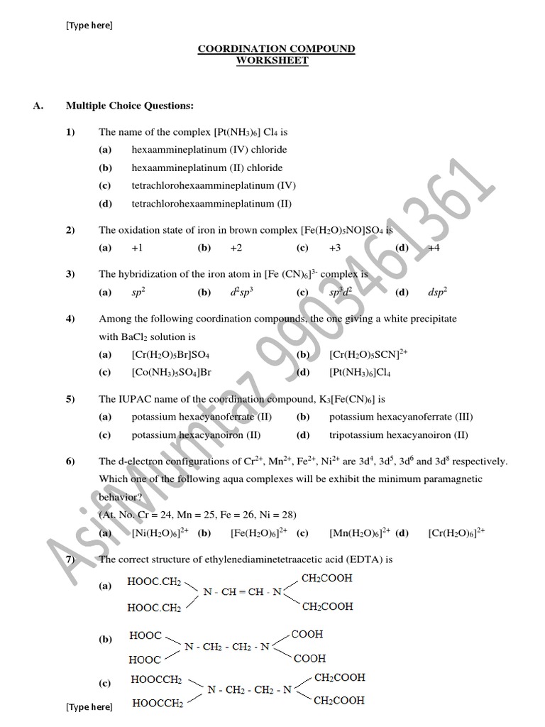 Coordination Compound Worksheet | PDF | Teaching Methods & Materials | Science & Mathematics