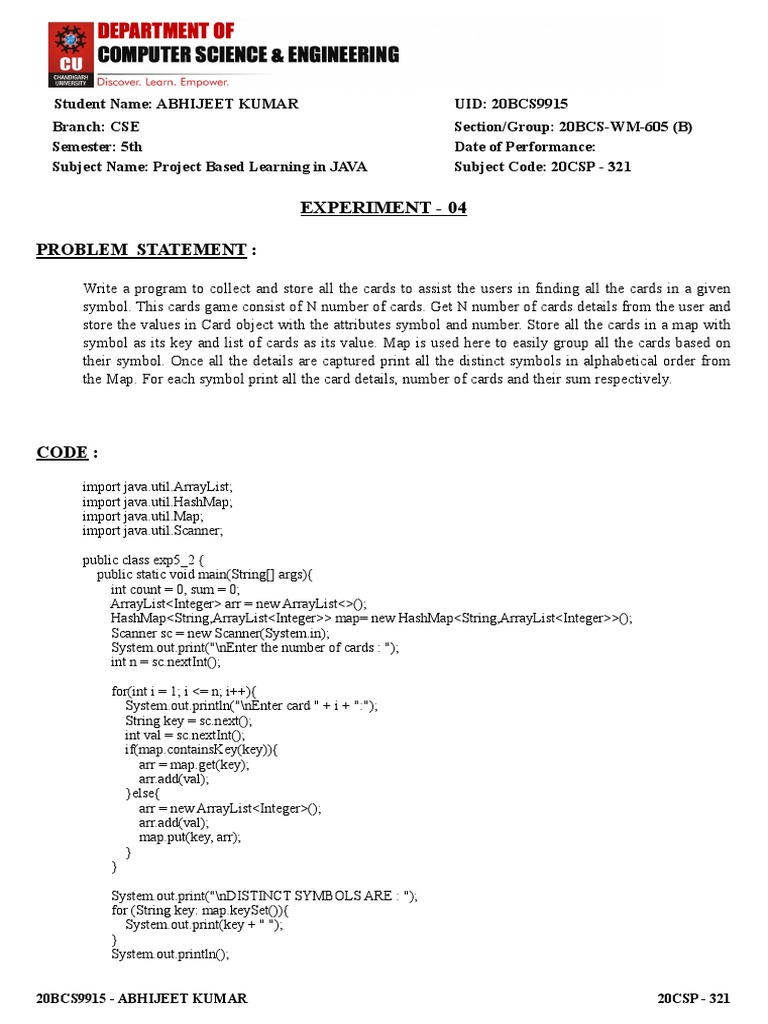 20BCS9915 - Abhijeet Kumar - PBLJ - Experiment 04 | PDF | Computer Programming | Programming ...