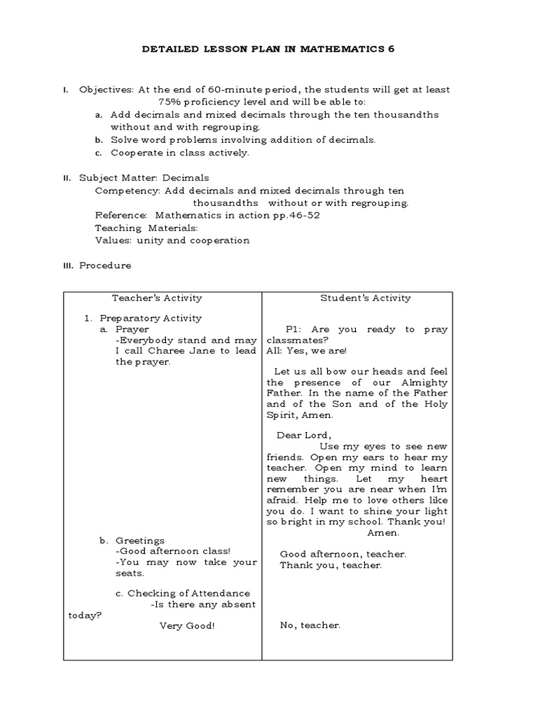 DETAILED LESSON PLAN ON ADDING DECIMALS | PDF | Teachers | Mathematical Notation
