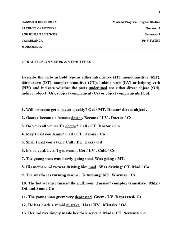 2 Practice On Verbs & Verb Types | PDF | Verb | Syntax