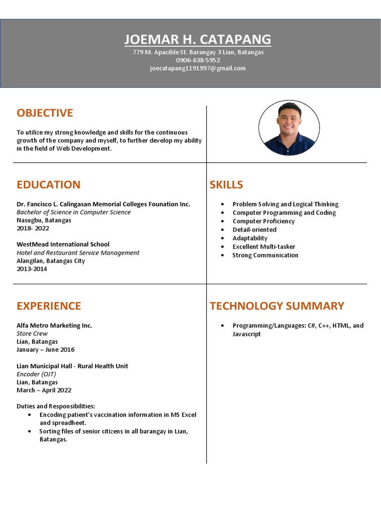 Web Developer Resume of Joemar Catapang | PDF