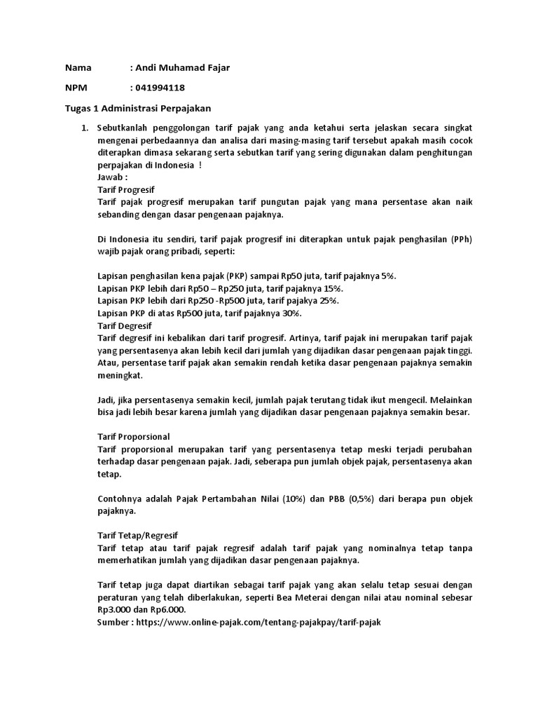 Tarif Pajak Regresif dan Progresif | PDF | Pengelolaan Keuangan & Uang ...