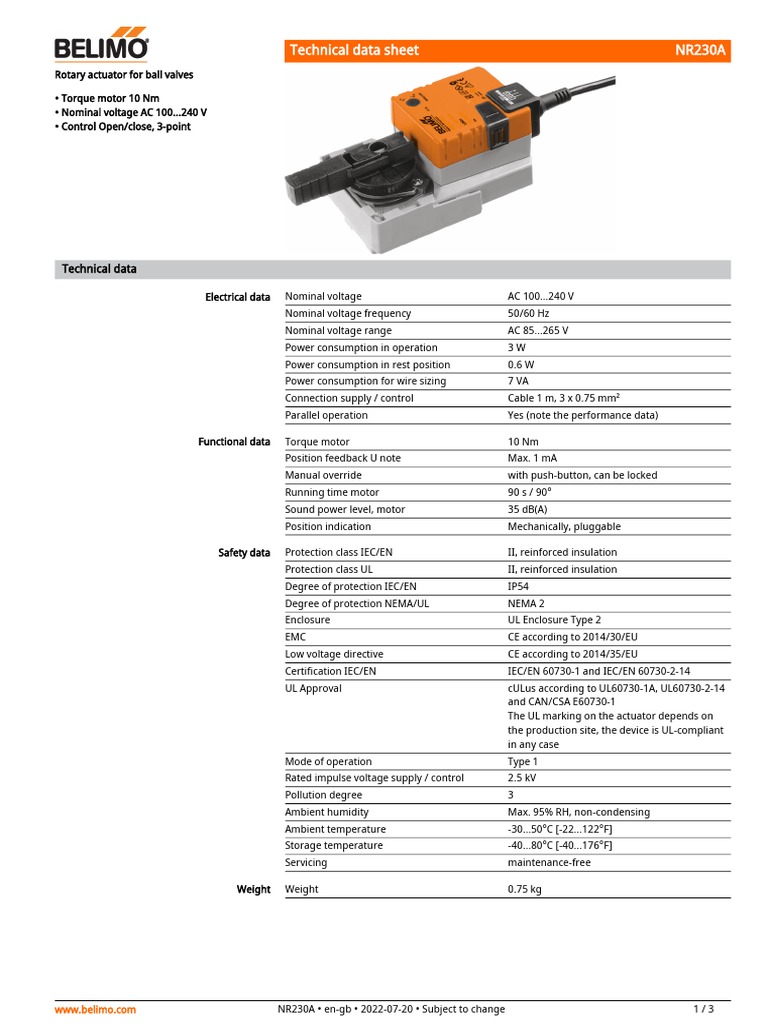 Belimo NR230A Actuator Data Sheet | PDF | Switch | Alternating Current
