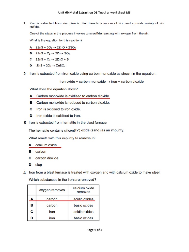 Unit 6b Metal Extraction 01 Teacher Worksheet MS | PDF