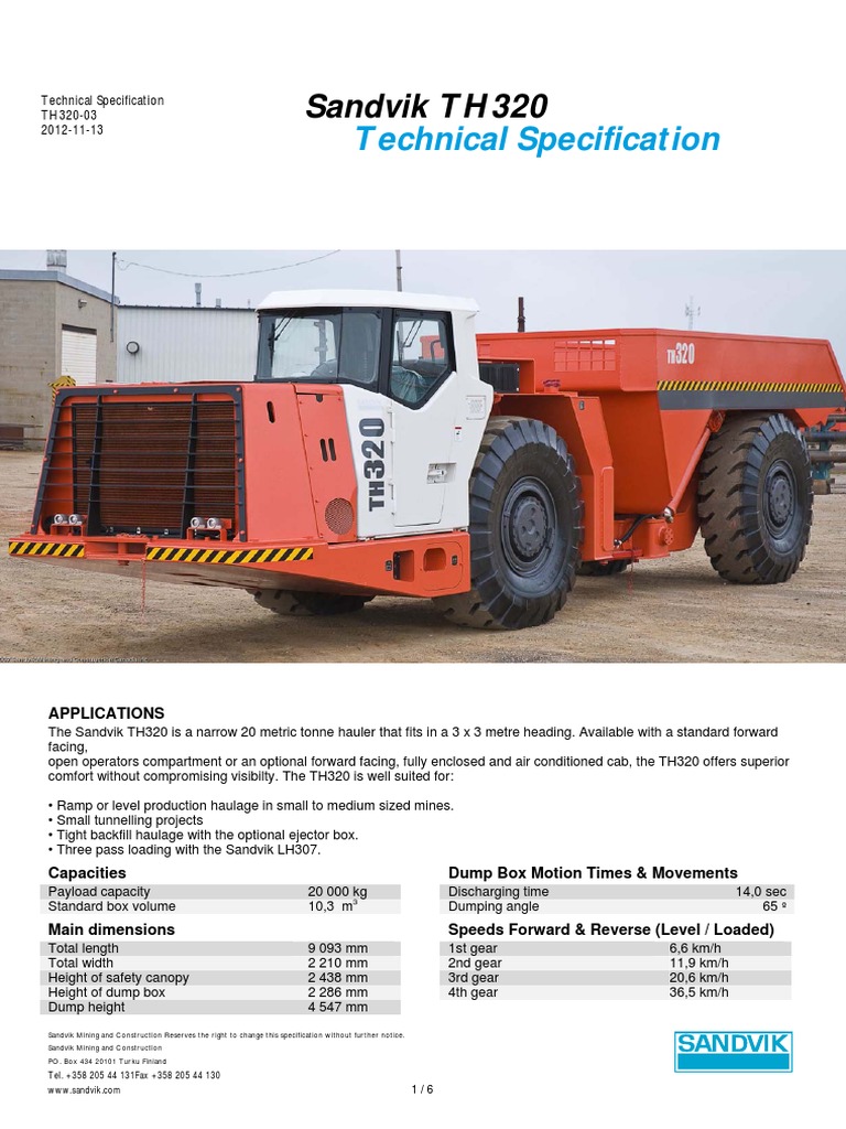 Technical Specification Sandvik TH320-03 | PDF | Brake | Pump