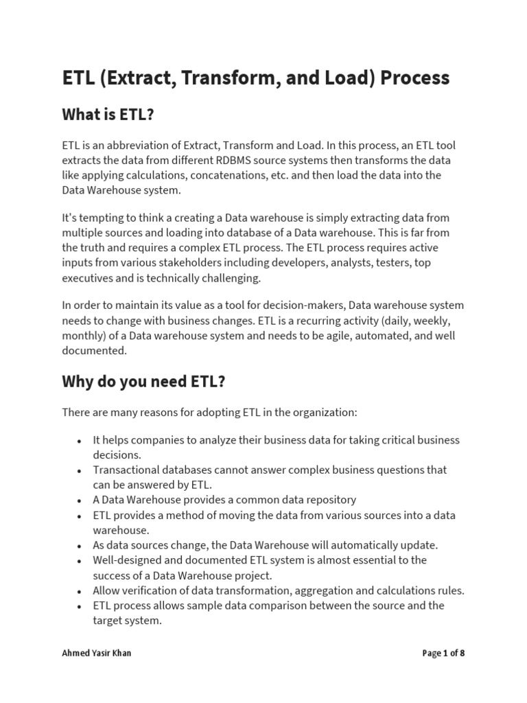 Etl Extract Transform And Load Process Pdf Data Warehouse