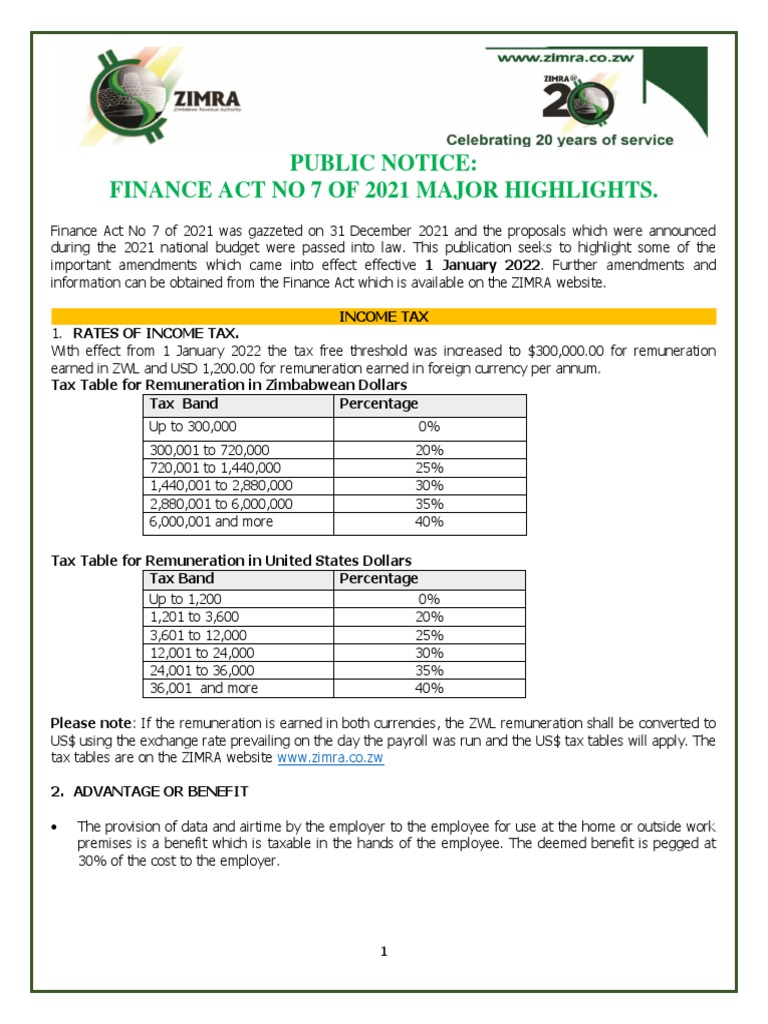 Public Notice 8 of 2022 Finance Act No 7 of 2021 Major Highlights | PDF
