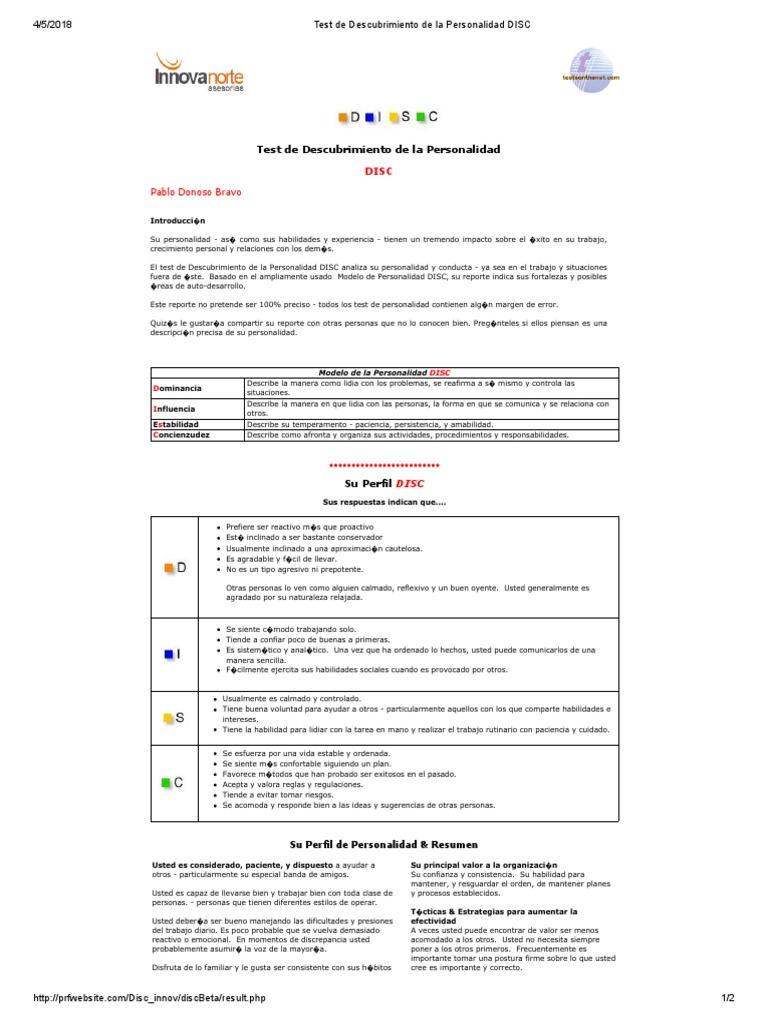 Test de Personalidad DISC: Perfil y Análisis | PDF | Sicología