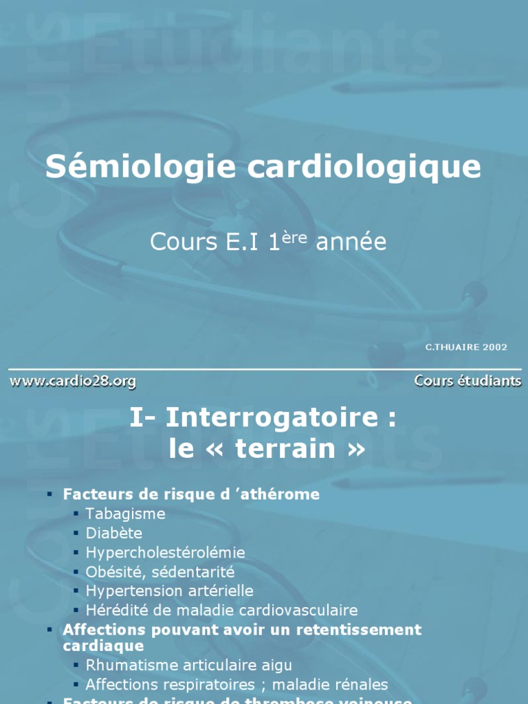 Sémiologie Cardiologique | PDF | Infarctus du myocarde | Angiologie