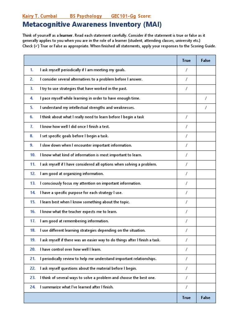 Metacognitive Awareness Inventory Guide | PDF | Reading Comprehension ...