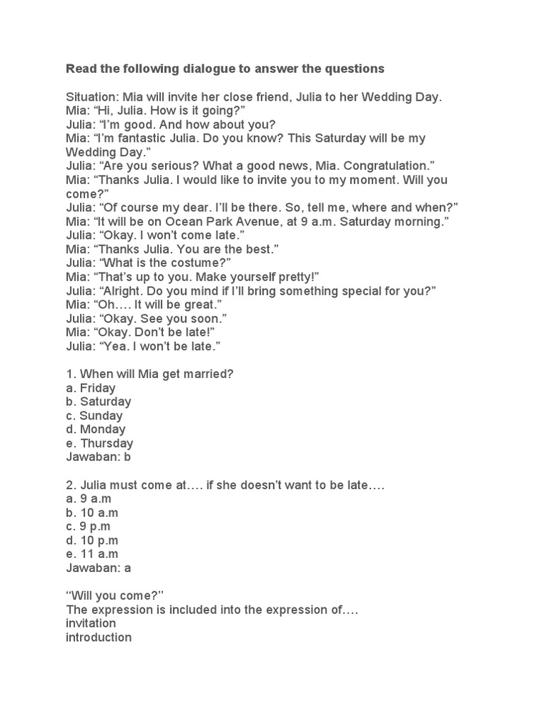 Mia Plans Her Wedding: A Dialogue Between Close Friends Mia and Julia | PDF