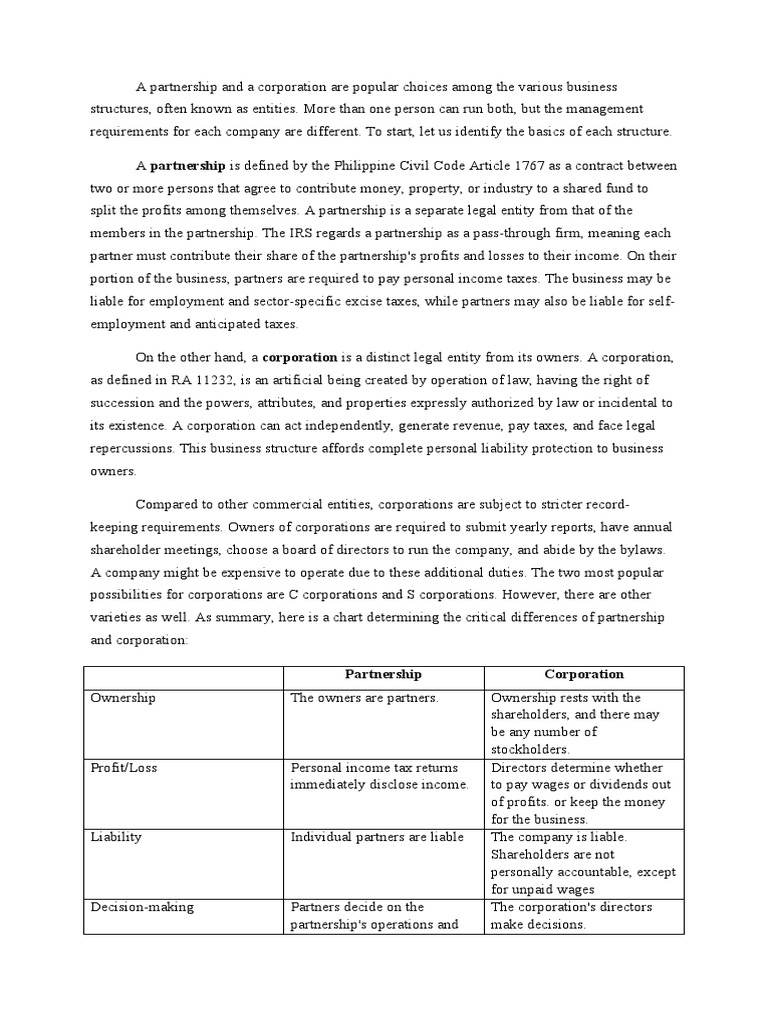 Partnership Vs Corporation | PDF | Partnership | Corporations Partnership Vs Corporation | PDF | Partnership | Corporations