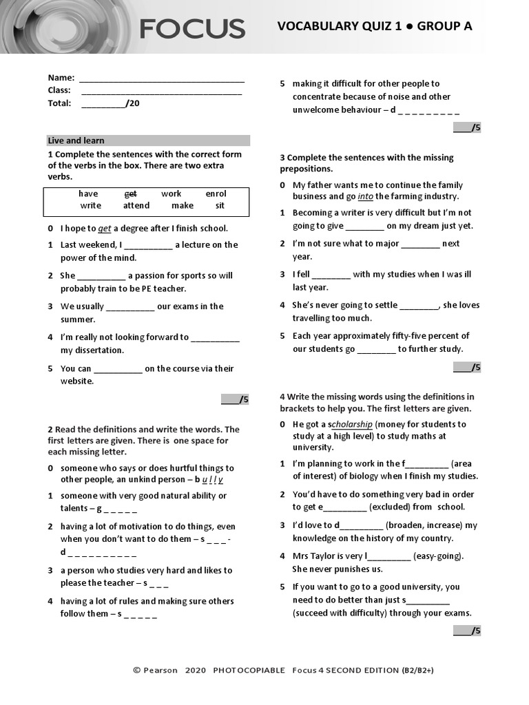 Focus4 2E Vocabulary Quiz Unit1 GroupA | PDF | Learning | Cognitive Science